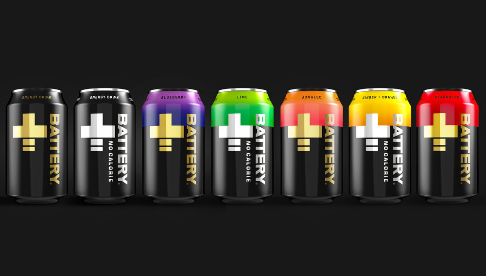 Battery Energy Drink rebrands with a +positively striking new identity
