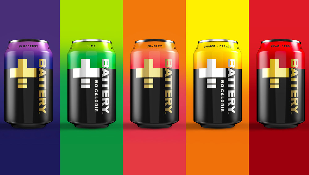 Battery Energy Drink rebrands with a +positively striking new identity